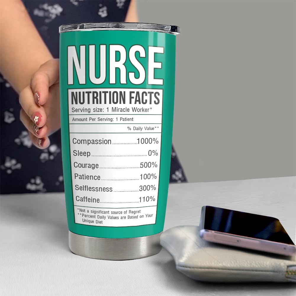 SANDJEST Nurse Tumbler Cup - Nurse Nutritional Facts Travel Coffee Mug Gift - 20oz Tumblers Nurse Gifts for Birthday, Christmas, Appreciation Week, Nursing School Graduation for Nurses, Practitioners