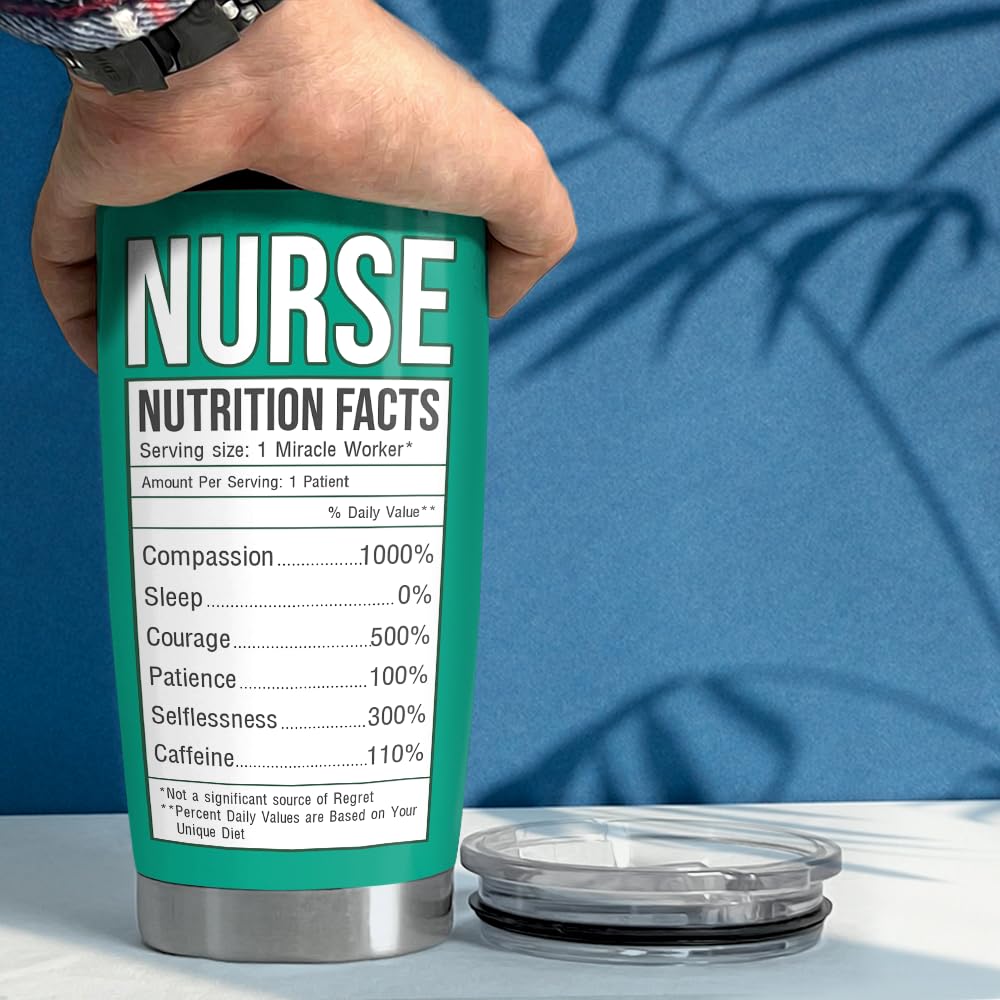 SANDJEST Nurse Tumbler Cup - Nurse Nutritional Facts Travel Coffee Mug Gift - 20oz Tumblers Nurse Gifts for Birthday, Christmas, Appreciation Week, Nursing School Graduation for Nurses, Practitioners