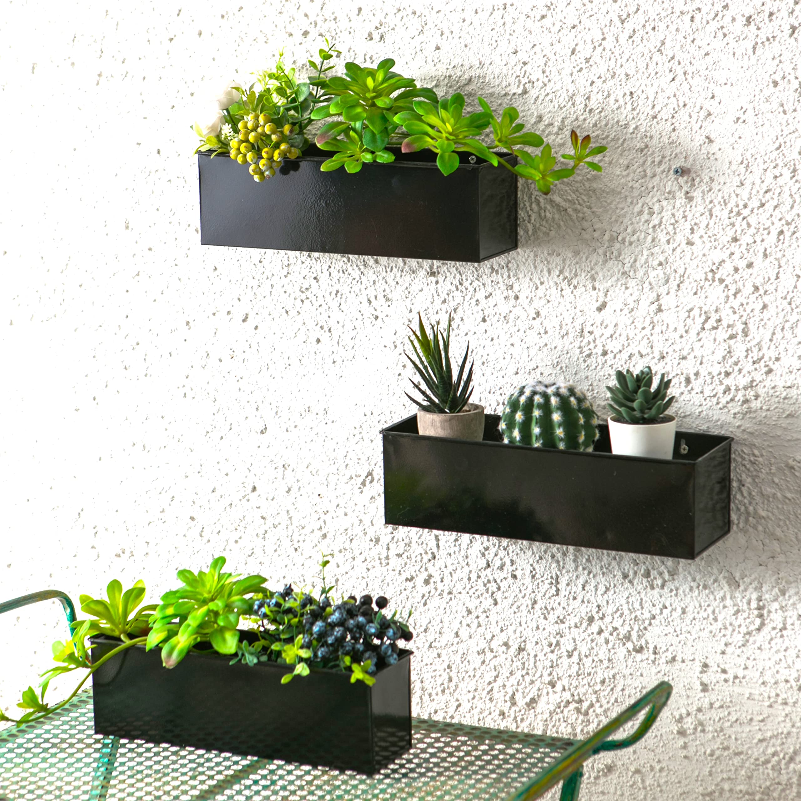 LaLaGreen Wall Planter (3 Pack, 12 Inch) Large Wall Mount Succulent Planters Black, Wall Hanging Rectangular Metal Flower Pot Window Planter Box Fence Railing Minimalist Floating Shelve Indoor Outdoor