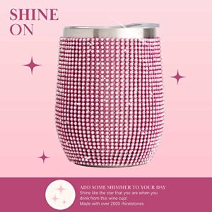 Paris Hilton Diamond Bling Wine Tumbler, Vacuum Insulated Stainless Steel with Easy Sip Lid, Bedazzled with Over 2500 Rhinestones, 12-Ounce, Pink