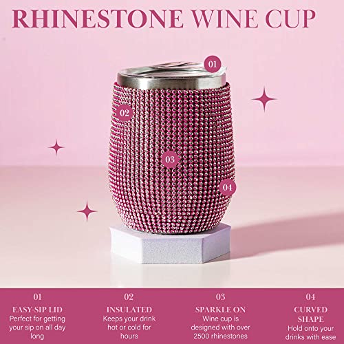 Paris Hilton Diamond Bling Wine Tumbler, Vacuum Insulated Stainless Steel with Easy Sip Lid, Bedazzled with Over 2500 Rhinestones, 12-Ounce, Pink