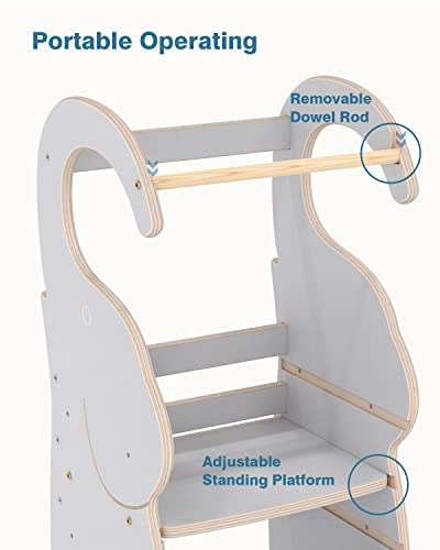 PP OPOUNT Toddler Kitchen Stool, 3-Level Adjustable Toddler Tower, Wood Step Stools for Kids with Safety Protective Net and Non-Slip Mat, Elephant Style, Solid Wood Gray