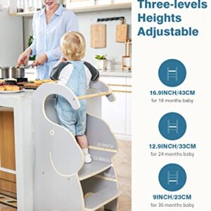 PP OPOUNT Toddler Kitchen Stool, 3-Level Adjustable Toddler Tower, Wood Step Stools for Kids with Safety Protective Net and Non-Slip Mat, Elephant Style, Solid Wood Gray