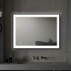 unique plus life 20 x 28 inch led bathroom mirror with lights, anti-fog mirror for bathroom, black framed bathroom vanity mirror with touch button, dimmable lights makeup mirror, cri 90+