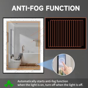 UNIQUE PLUS LIFE 20 x 28 Inch LED Bathroom Mirror with Lights, Anti-Fog Mirror for Bathroom, Black Framed Bathroom Vanity Mirror with Touch Button, Dimmable Lights Makeup Mirror, CRI 90+