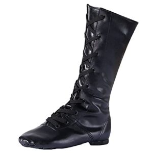 jazz dance boots high top leather modern dance shoes split sole lace-up buffer for child adult women,black,5