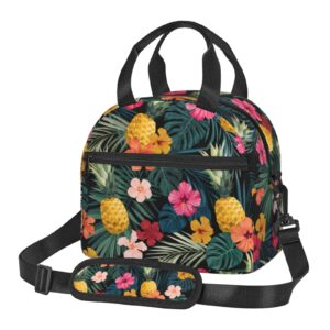 palm leaves hibiscus flowers lunch bag tropical pineapples fruit reusable insulated lunch tote bag lunchbox container with adjustable shoulder strap for office work school picnic travel