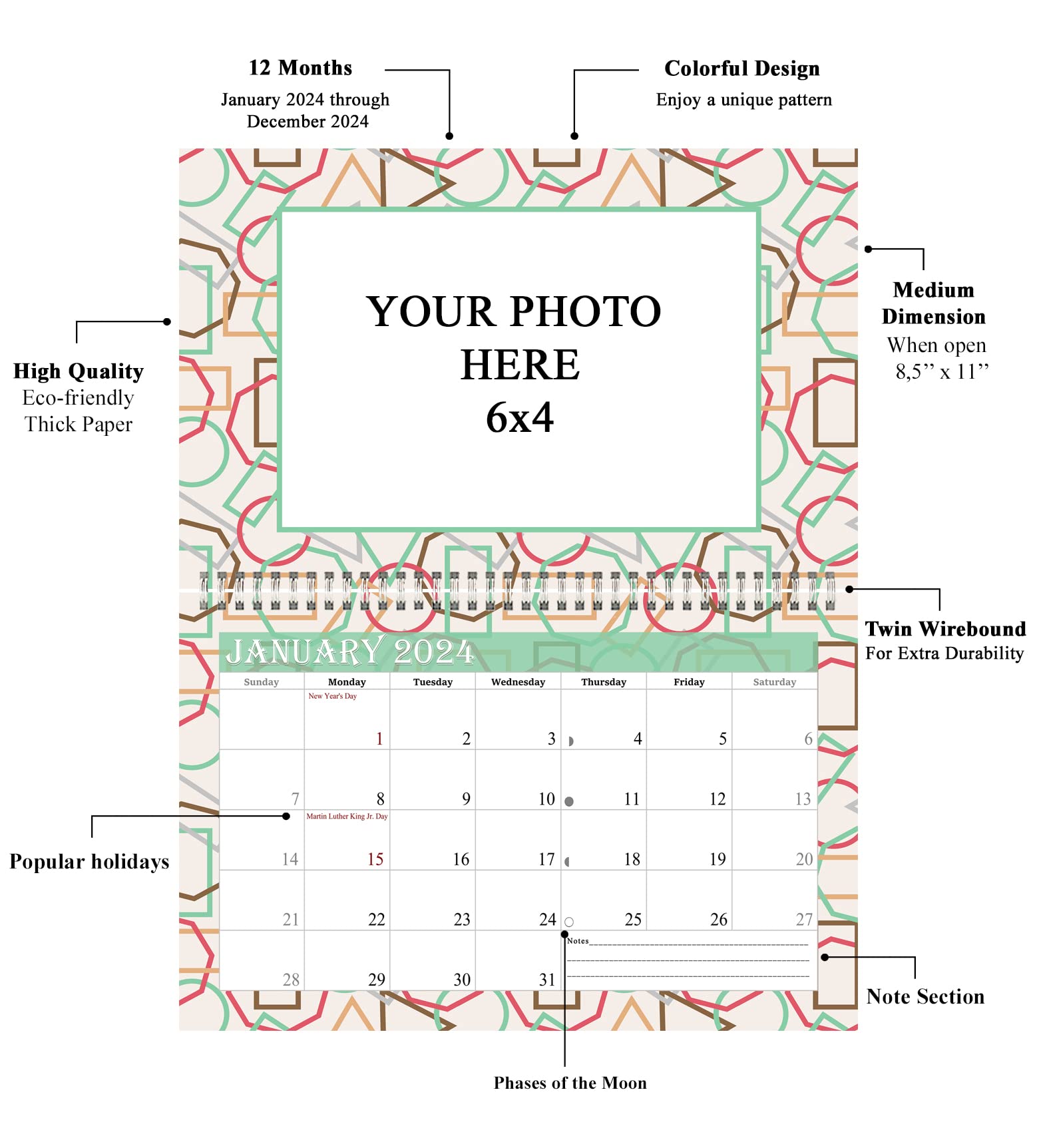 2024 Photo Frame Wall Spiral-bound Calendar (Add Your Own Photos) - 12 Months Desktop/Wall Calendar/Planner - (Edition #011)