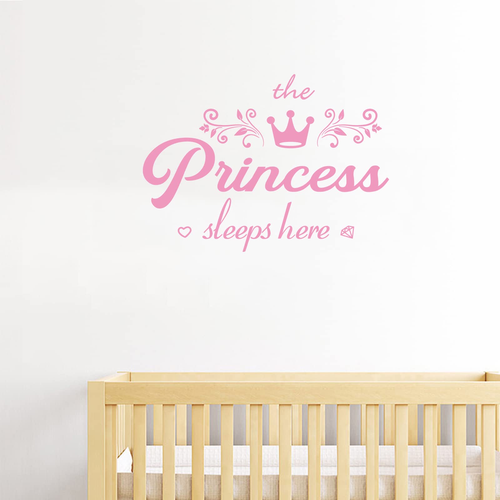 Crown Diamond Wall Decals Princess Sleep Here Wall Stickers Removable DIY Mural Art Words with Flower Quotes Vinyl Stickers for Kids Girls Bedroom Living Room Nursery Home Background Decoration