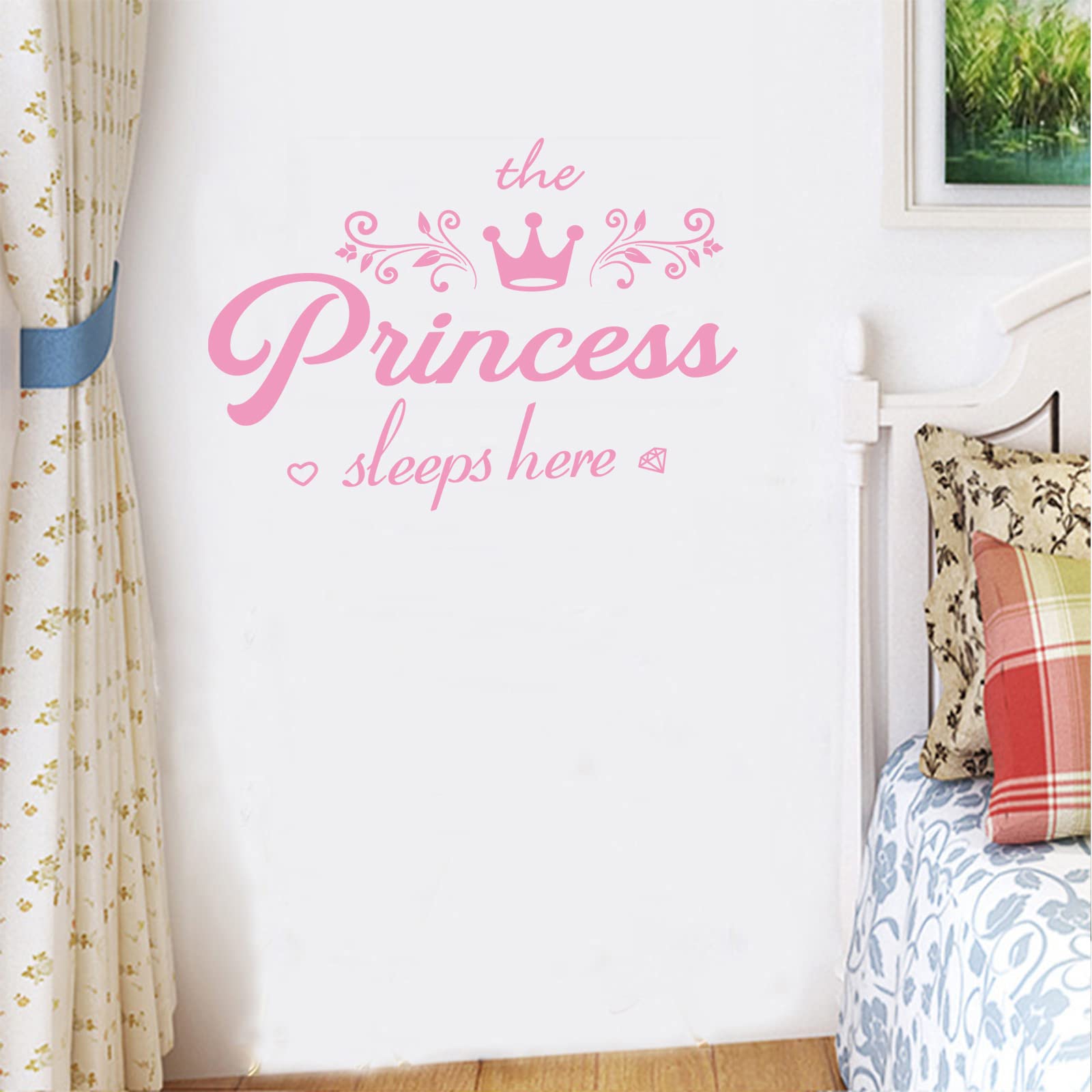 Crown Diamond Wall Decals Princess Sleep Here Wall Stickers Removable DIY Mural Art Words with Flower Quotes Vinyl Stickers for Kids Girls Bedroom Living Room Nursery Home Background Decoration