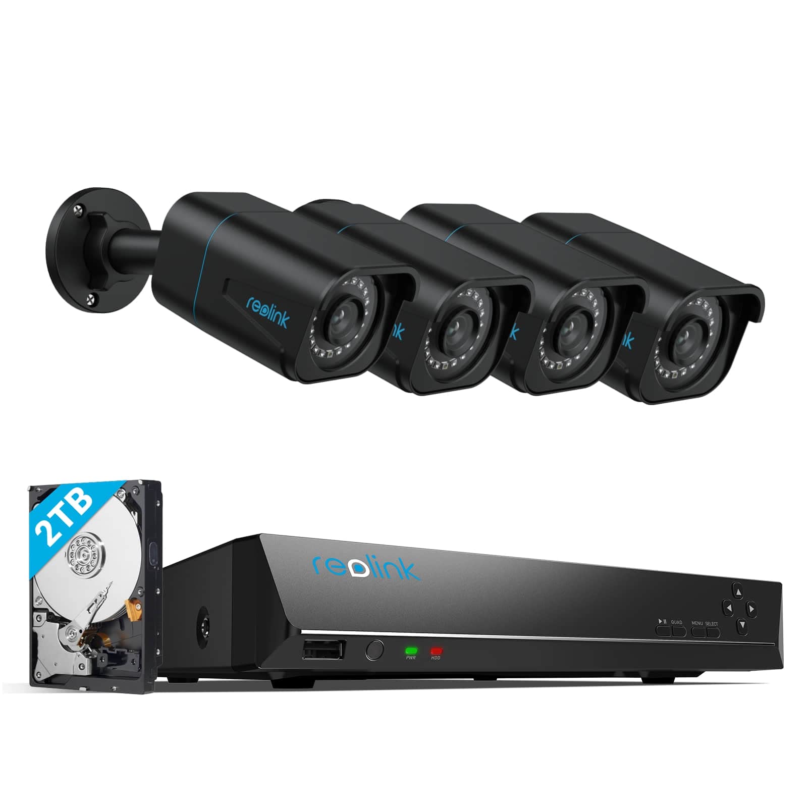 REOLINK 4K Security Camera System, 4pcs H.265 4K PoE Security Cameras Wired with Person Vehicle Detection, 8MP/4K 8CH NVR with 2TB HDD for 24-7 Recording, RLK8-800B4 Black