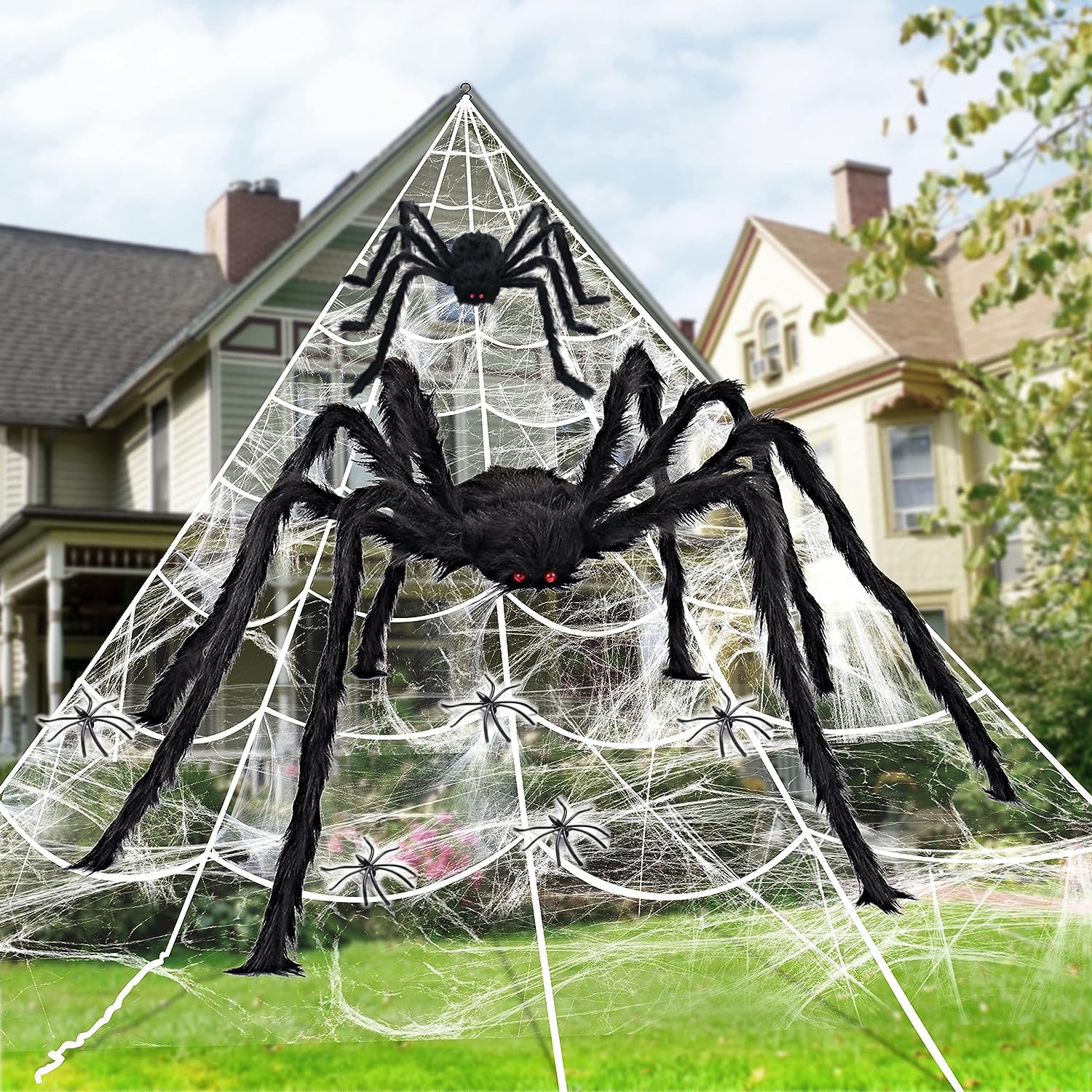 2023 Spider Webs Halloween Decorations with 200" Triangular Huge Spider Web, 2 Giant Spiders, 40ft Stretch Webs, Small Spiders, Hook and Stakes for Halloween Yard Haunted House Décor Indoor & Outdoor