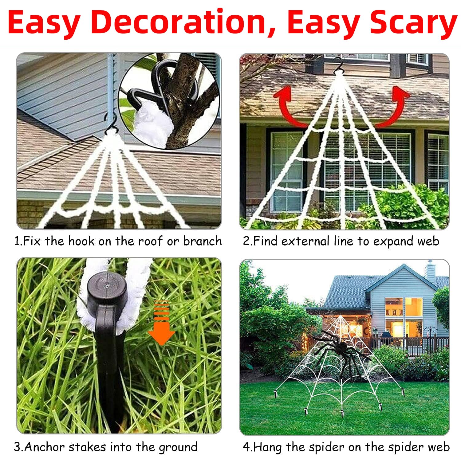 2023 Spider Webs Halloween Decorations with 200" Triangular Huge Spider Web, 2 Giant Spiders, 40ft Stretch Webs, Small Spiders, Hook and Stakes for Halloween Yard Haunted House Décor Indoor & Outdoor