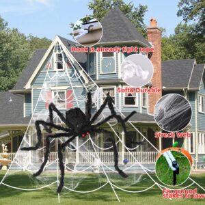 2023 Spider Webs Halloween Decorations with 200" Triangular Huge Spider Web, 2 Giant Spiders, 40ft Stretch Webs, Small Spiders, Hook and Stakes for Halloween Yard Haunted House Décor Indoor & Outdoor