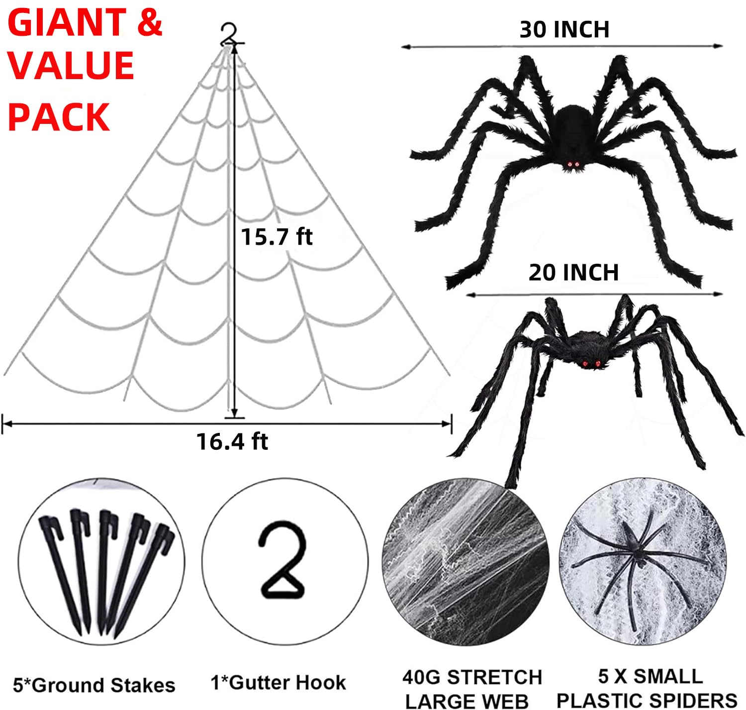 2023 Spider Webs Halloween Decorations with 200" Triangular Huge Spider Web, 2 Giant Spiders, 40ft Stretch Webs, Small Spiders, Hook and Stakes for Halloween Yard Haunted House Décor Indoor & Outdoor