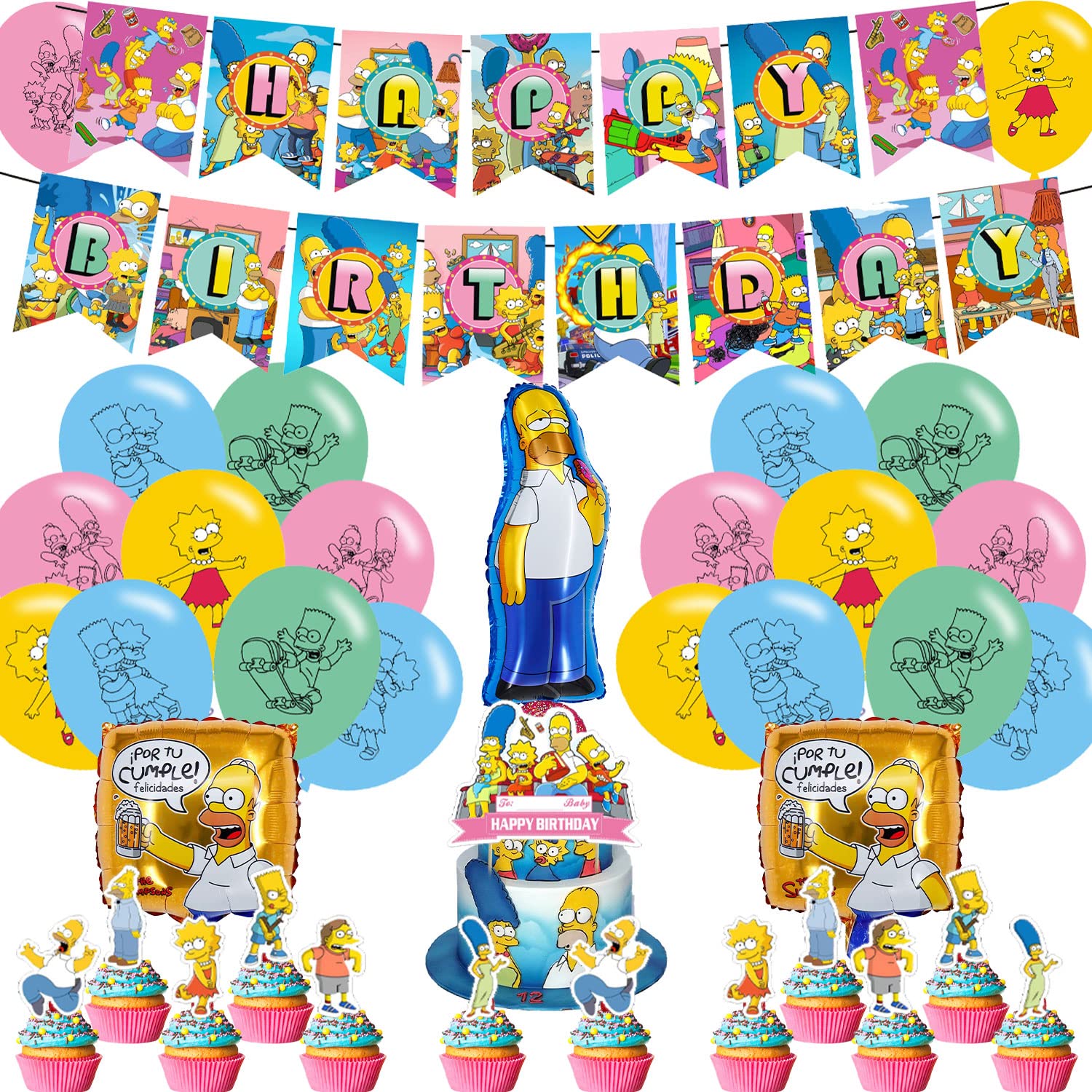 Simpsons Party Decorations,Birthday Party Supplies For Simpsons Party Supplies Includes Banner - Cake Topper - 12 Cupcake Toppers - 20 Balloons - 3 Simpsons Foil Ballon