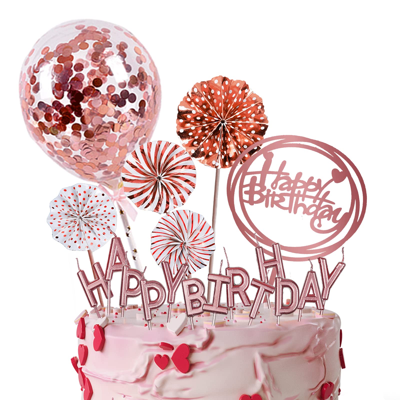 IEALODS Rose Gold Birthday Cake Topper Decoration with Happy Birthday Candles, Acrylic Birthday Cake Topper, Confetti Balloon and Paper Fans for Rose Gold Theme Birthday Party Decor Girl Women