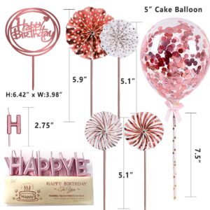 IEALODS Rose Gold Birthday Cake Topper Decoration with Happy Birthday Candles, Acrylic Birthday Cake Topper, Confetti Balloon and Paper Fans for Rose Gold Theme Birthday Party Decor Girl Women