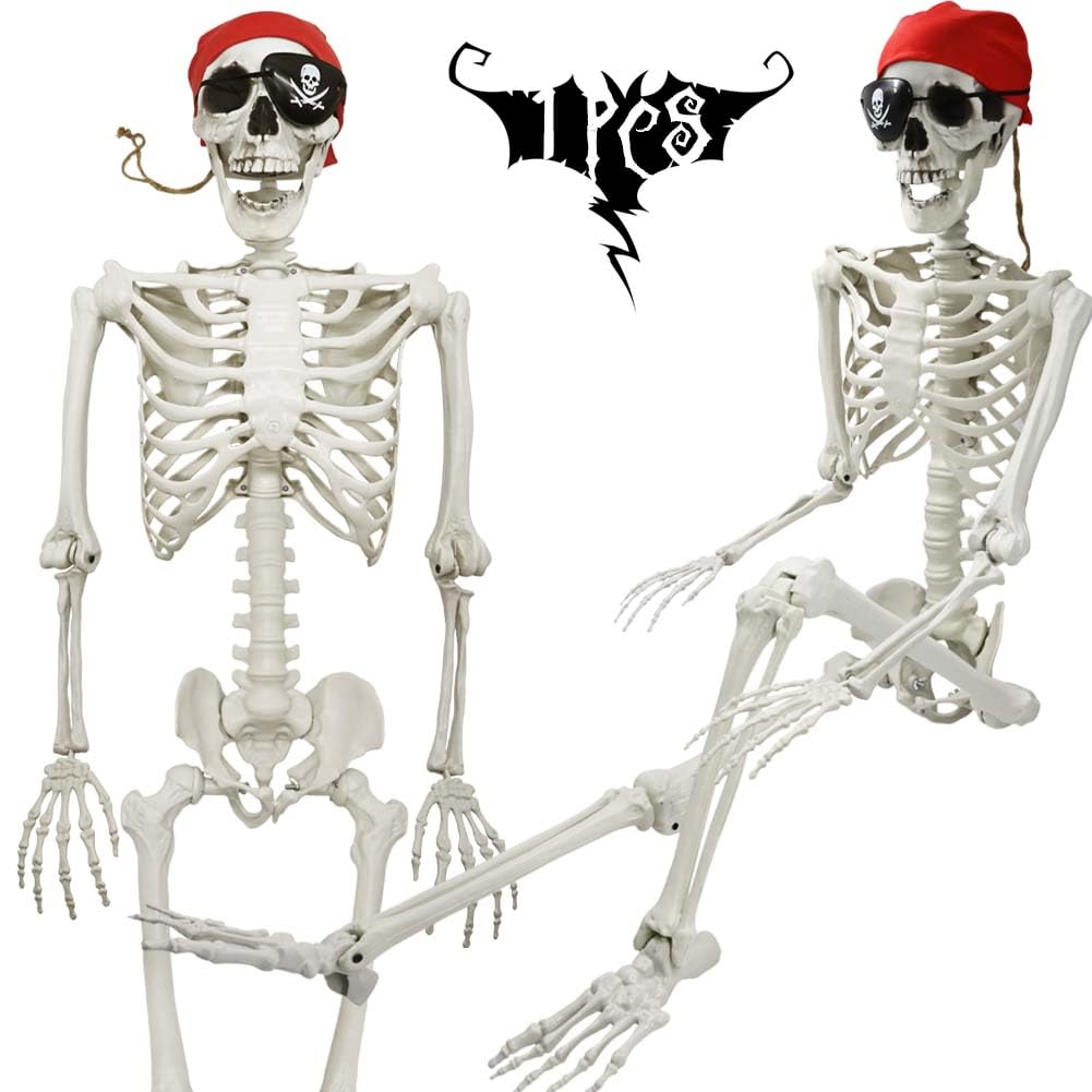 5.4Ft/165cm Life Size Skeleton Halloween Decor, Posable Poseable Human Pirate Skeleton, Full Size Skeleton with Posable Joints Bandana Eye Patch for Halloween Party Outdoor Haunted House Decor