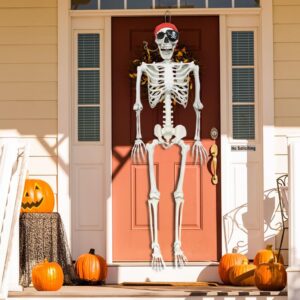 5.4Ft/165cm Life Size Skeleton Halloween Decor, Posable Poseable Human Pirate Skeleton, Full Size Skeleton with Posable Joints Bandana Eye Patch for Halloween Party Outdoor Haunted House Decor