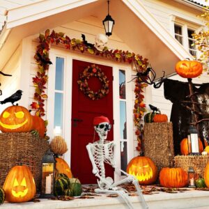 5.4Ft/165cm Life Size Skeleton Halloween Decor, Posable Poseable Human Pirate Skeleton, Full Size Skeleton with Posable Joints Bandana Eye Patch for Halloween Party Outdoor Haunted House Decor