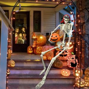 5.4Ft/165cm Life Size Skeleton Halloween Decor, Posable Poseable Human Pirate Skeleton, Full Size Skeleton with Posable Joints Bandana Eye Patch for Halloween Party Outdoor Haunted House Decor