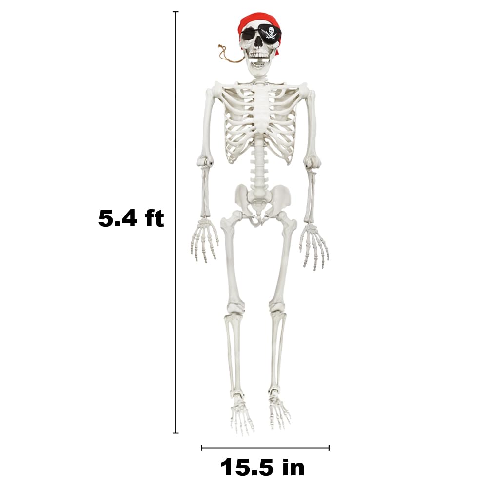 5.4Ft/165cm Life Size Skeleton Halloween Decor, Posable Poseable Human Pirate Skeleton, Full Size Skeleton with Posable Joints Bandana Eye Patch for Halloween Party Outdoor Haunted House Decor