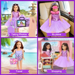 30 PCS 18 Inch Girl Doll Accessories Suitcase Travel Play Set - Camera, Suitcase Stickers, Toiletries, Pillow, Blindfold, Sunglasses, Passport, Tickets, Cash, Fit for 18 Inch Girl Doll