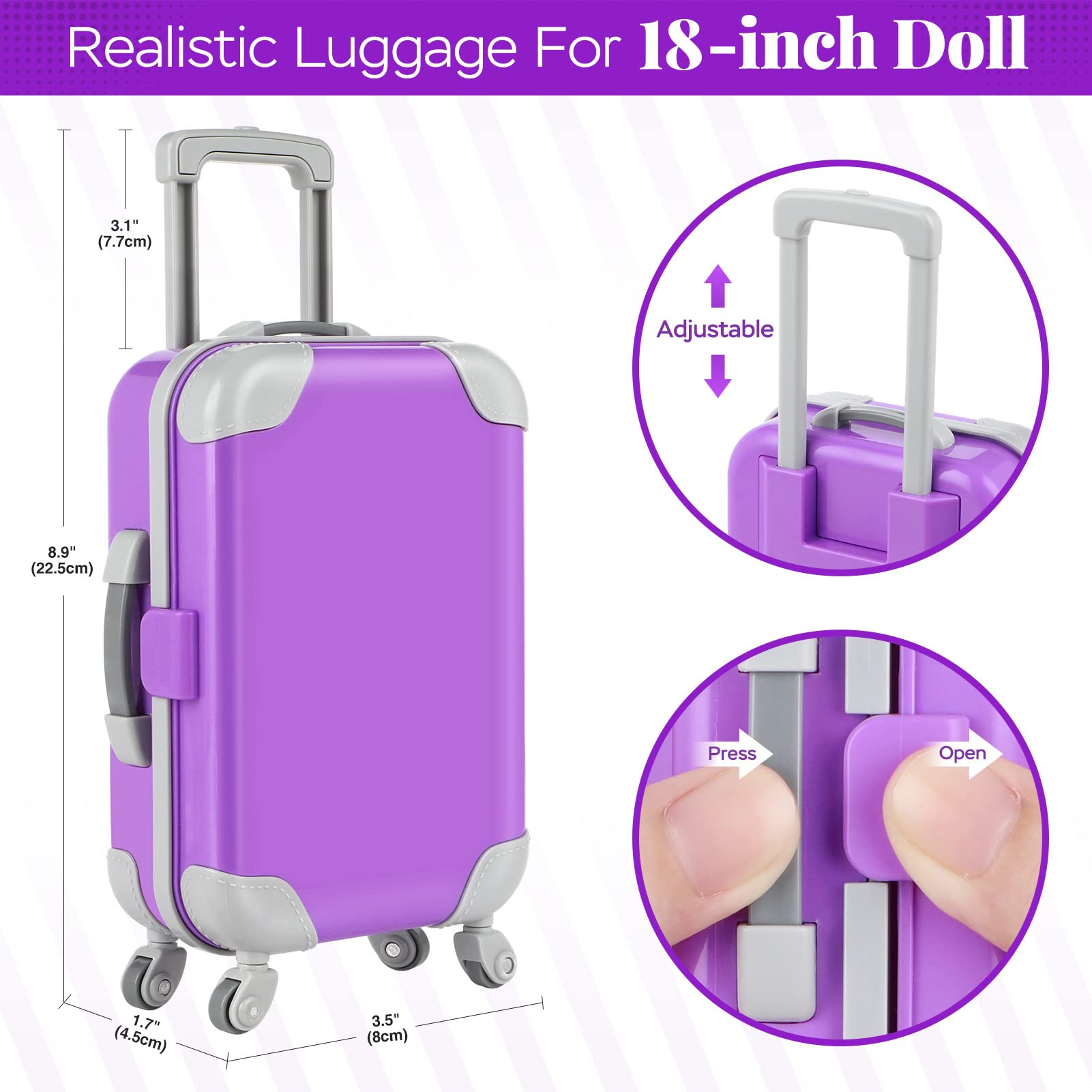 30 PCS 18 Inch Girl Doll Accessories Suitcase Travel Play Set - Camera, Suitcase Stickers, Toiletries, Pillow, Blindfold, Sunglasses, Passport, Tickets, Cash, Fit for 18 Inch Girl Doll