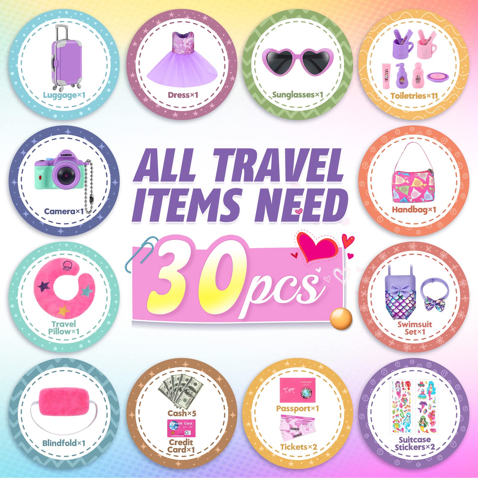 30 PCS 18 Inch Girl Doll Accessories Suitcase Travel Play Set - Camera, Suitcase Stickers, Toiletries, Pillow, Blindfold, Sunglasses, Passport, Tickets, Cash, Fit for 18 Inch Girl Doll