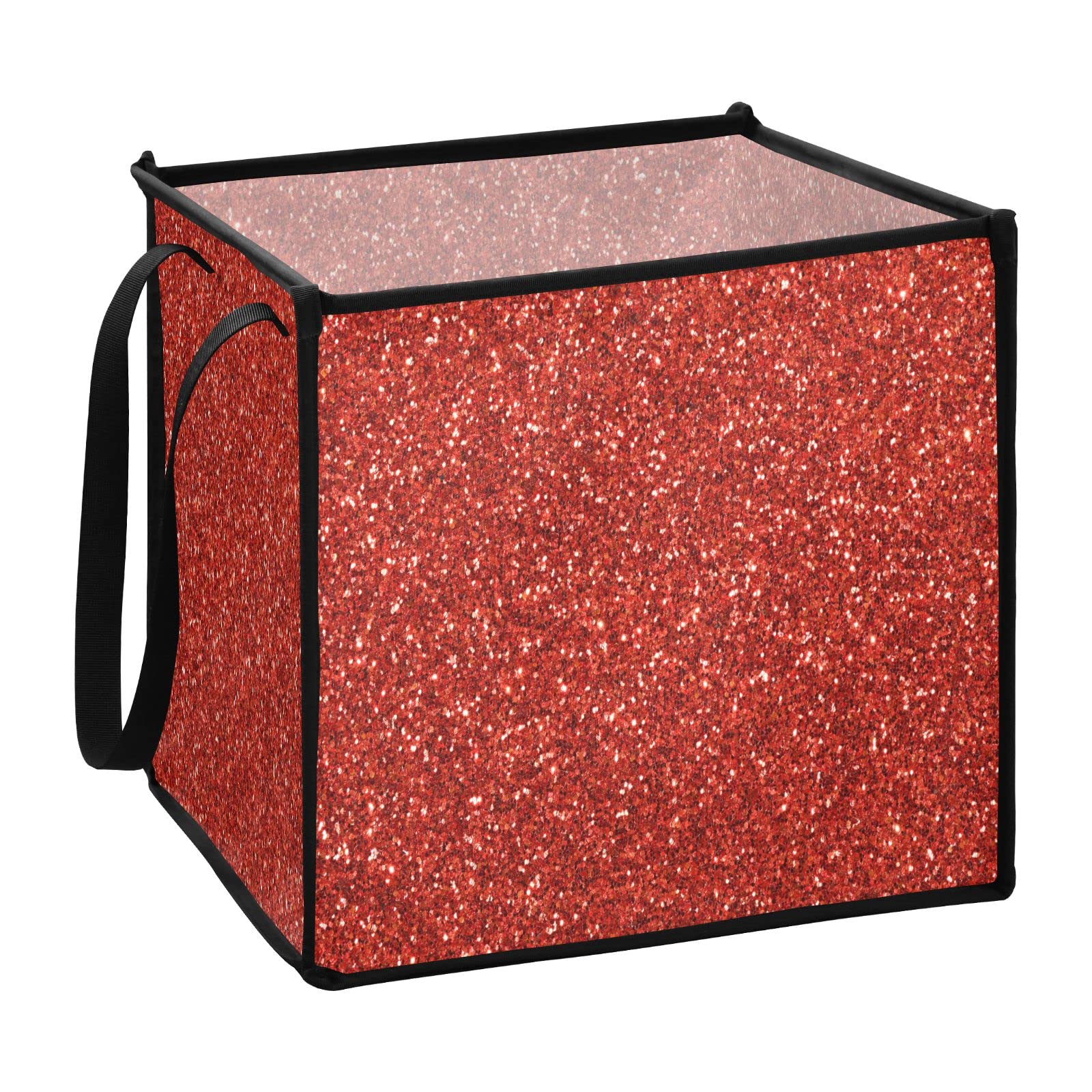 Blueangle Red Glitter Texture Cube Storage Bin with Handles, 13 x 13 x 13 in, Large Collapsible Organizer Storage Basket for Home Décor（477）