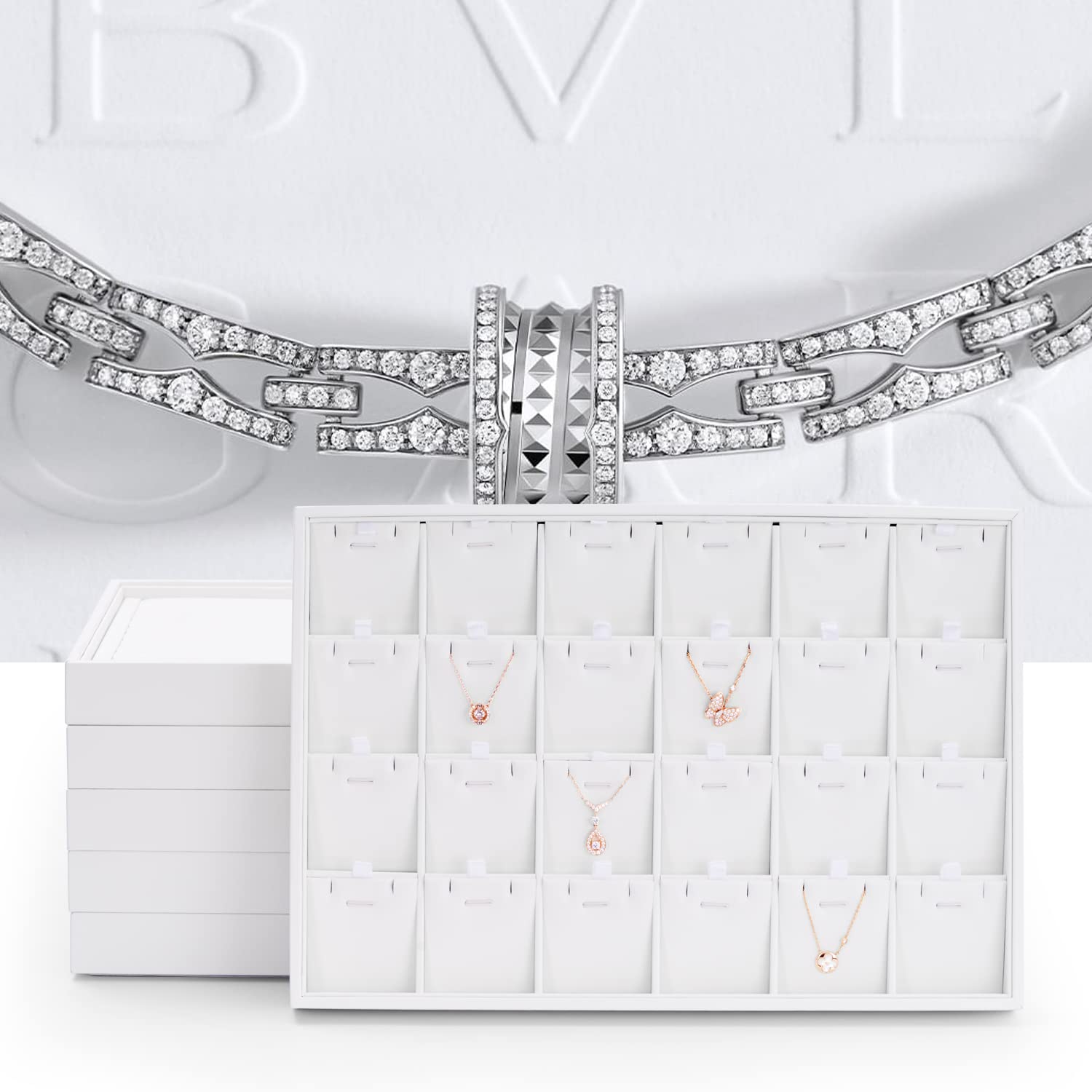 Oirlv Premium White Leather Stackable Jewelry Tray 18 Gird Necklace Bracelet Organizer Showcase Necklace Display Tray