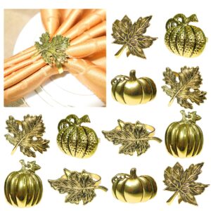 haddiy thanksgiving napkin rings,fall napkin ring set of 12 vintage gold metal leaf and pumpkin napkin holder for autumn thanksgiving dinner table settings decoration