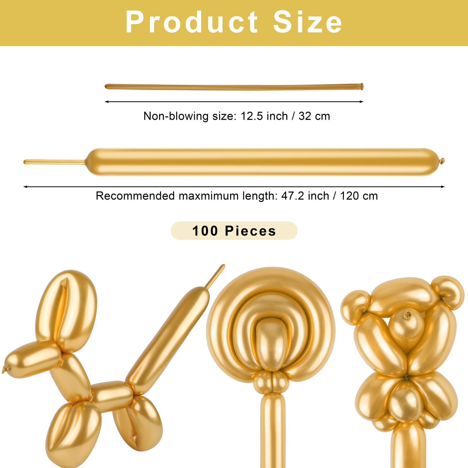 Aodaer 100 Pieces Twisting Latex Balloons 260 Long Skinny Balloons for DIY Modelling Birthday Party Decoration Wedding Anniversary, Metallic Gold