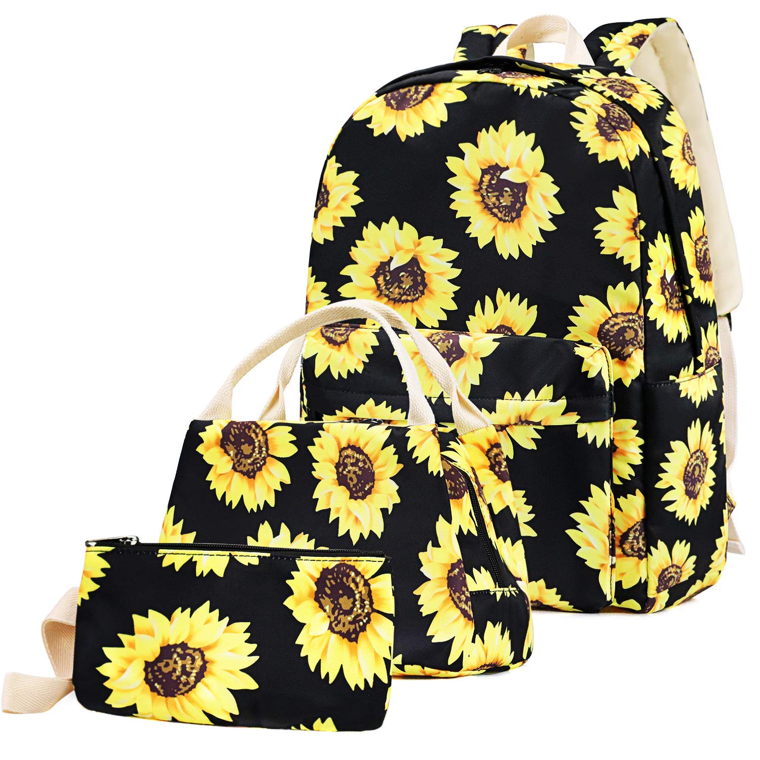 Sunflower Backpack for Teen Girls, Floral School Bags Bookbags with Lunch Box Pencil Case