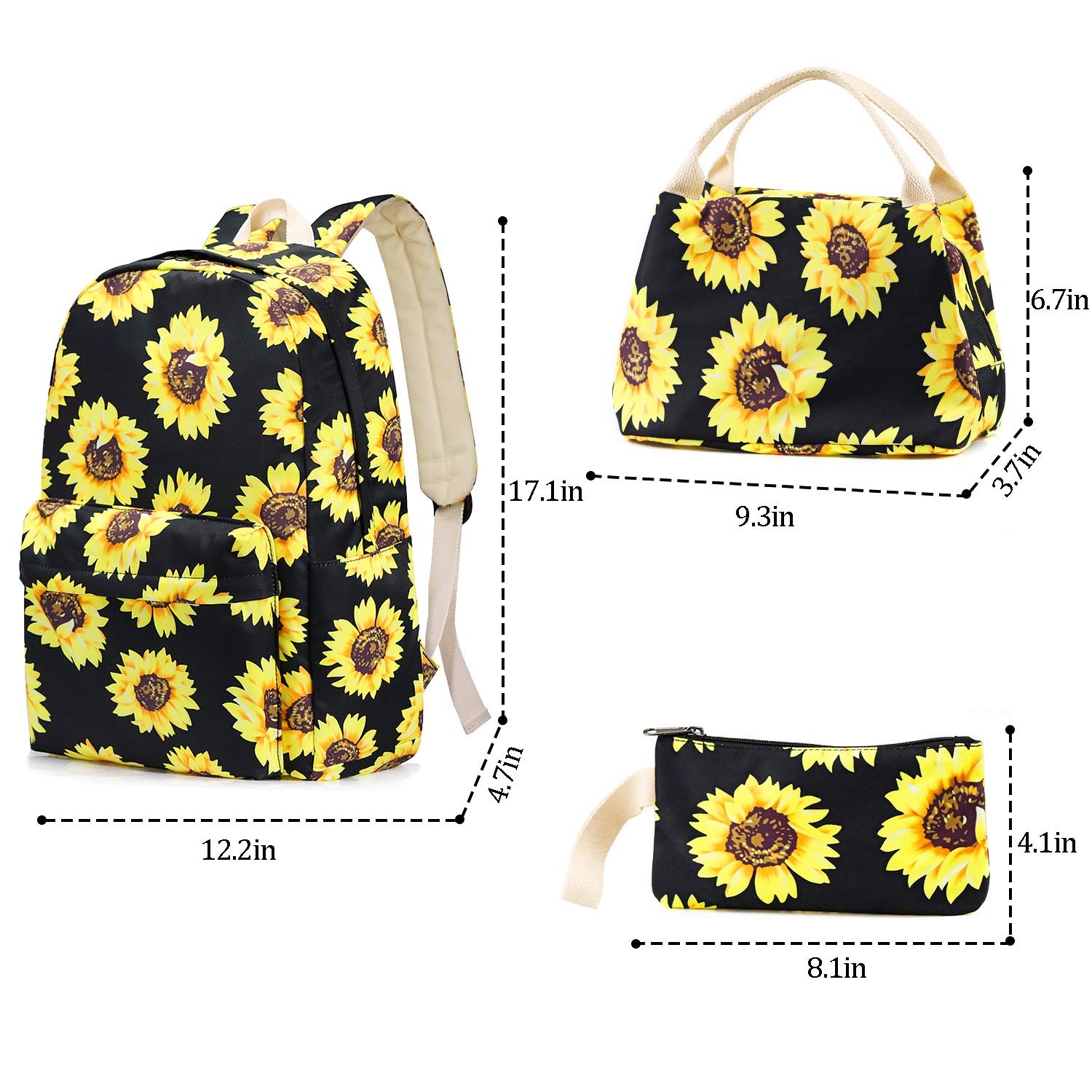 Sunflower Backpack for Teen Girls, Floral School Bags Bookbags with Lunch Box Pencil Case