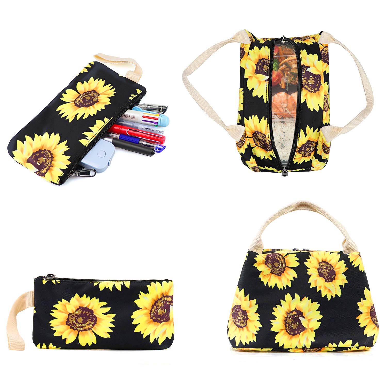 Sunflower Backpack for Teen Girls, Floral School Bags Bookbags with Lunch Box Pencil Case