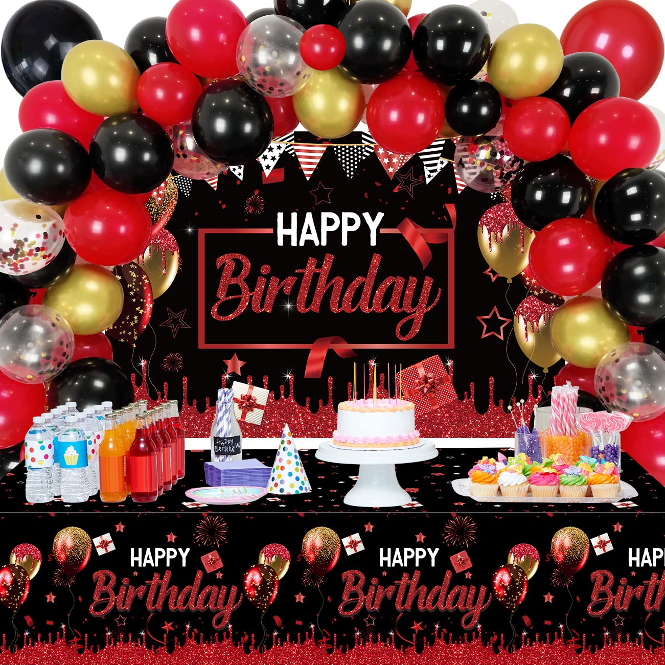 Red and Black Birthday Party Decorations - Red Black and Gold Balloons Garland Arch Kit with Red Happy Birthday Backdrop and Table Cover for Men Women Boy Girl Bady Party Supplies