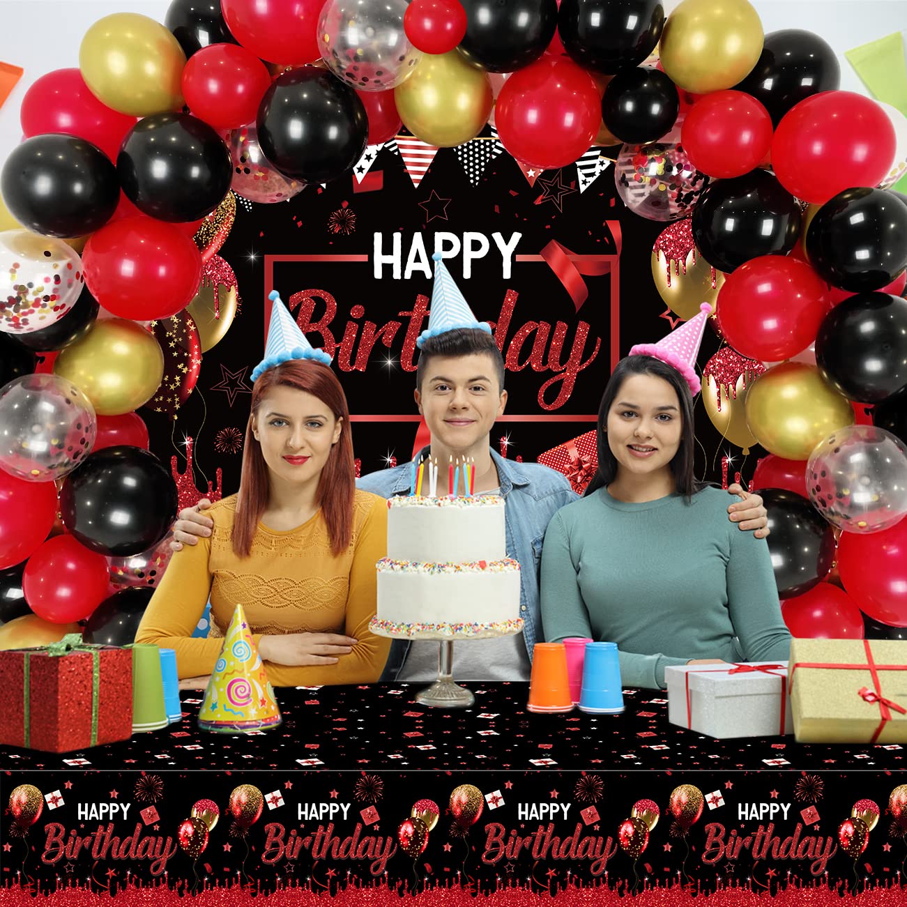 Red and Black Birthday Party Decorations - Red Black and Gold Balloons Garland Arch Kit with Red Happy Birthday Backdrop and Table Cover for Men Women Boy Girl Bady Party Supplies