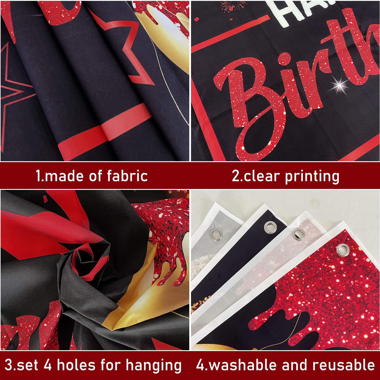 Red and Black Birthday Party Decorations - Red Black and Gold Balloons Garland Arch Kit with Red Happy Birthday Backdrop and Table Cover for Men Women Boy Girl Bady Party Supplies