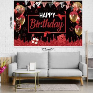 Red and Black Birthday Party Decorations - Red Black and Gold Balloons Garland Arch Kit with Red Happy Birthday Backdrop and Table Cover for Men Women Boy Girl Bady Party Supplies