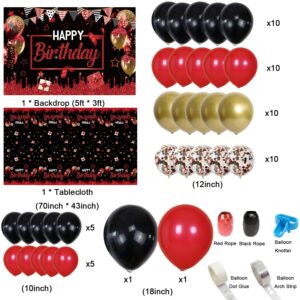 Red and Black Birthday Party Decorations - Red Black and Gold Balloons Garland Arch Kit with Red Happy Birthday Backdrop and Table Cover for Men Women Boy Girl Bady Party Supplies