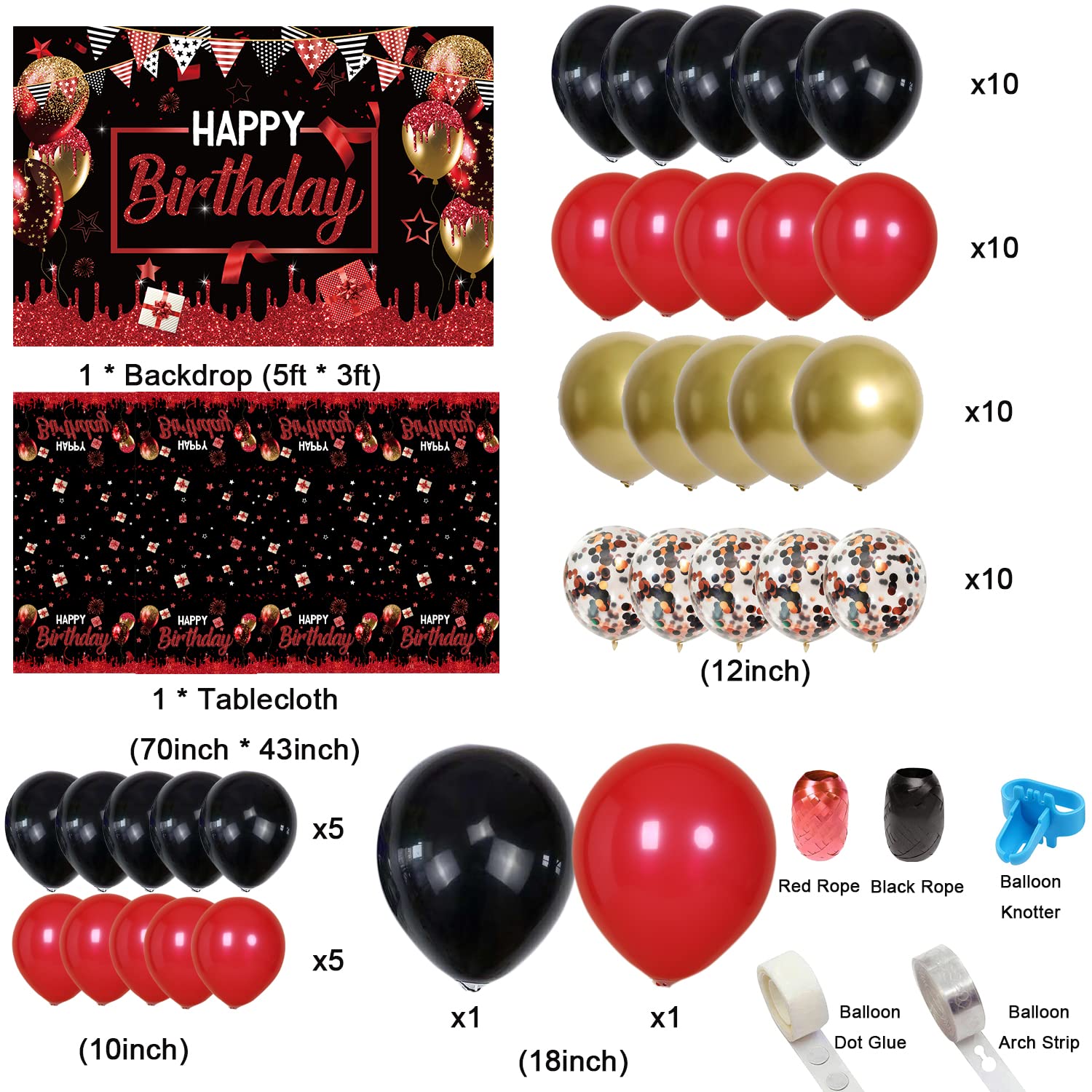 Red and Black Birthday Party Decorations - Red Black and Gold Balloons Garland Arch Kit with Red Happy Birthday Backdrop and Table Cover for Men Women Boy Girl Bady Party Supplies