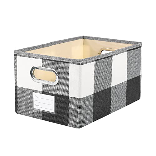 LaMorée Storage Bin Cotton Linen Fabric Basket Box Washable Foldable Decorative Rectangular Container with Handles Label Window Thick PP Plastic Board For Nursery Home Office - Black Plaid, Small Size