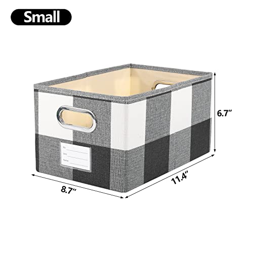 LaMorée Storage Bin Cotton Linen Fabric Basket Box Washable Foldable Decorative Rectangular Container with Handles Label Window Thick PP Plastic Board For Nursery Home Office - Black Plaid, Small Size