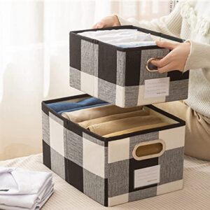 LaMorée Storage Bin Cotton Linen Fabric Basket Box Washable Foldable Decorative Rectangular Container with Handles Label Window Thick PP Plastic Board For Nursery Home Office - Black Plaid, Small Size