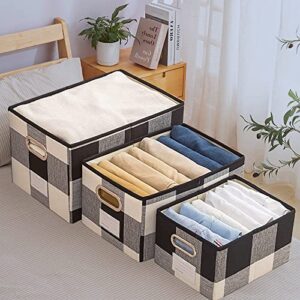 LaMorée Storage Bin Cotton Linen Fabric Basket Box Washable Foldable Decorative Rectangular Container with Handles Label Window Thick PP Plastic Board For Nursery Home Office - Black Plaid, Small Size