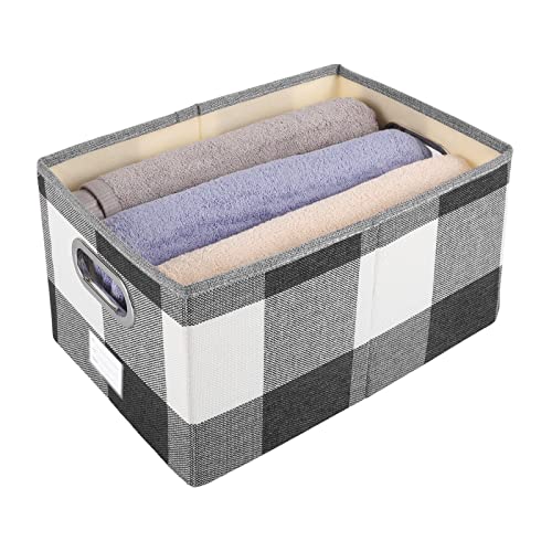 LaMorée Storage Bin Cotton Linen Fabric Basket Box Washable Foldable Decorative Rectangular Container with Handles Label Window Thick PP Plastic Board For Nursery Home Office - Black Plaid, Small Size