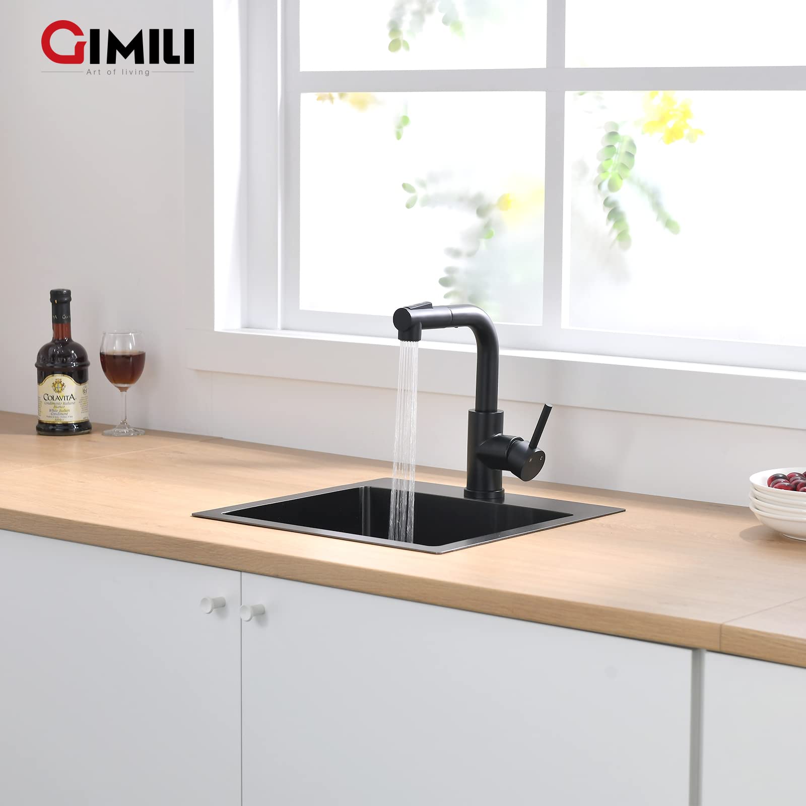 GIMILI Modern Bar Sink Faucet for Kitchen Sink Single Handle with Pull Out Sprayer Hot and Cold Prep Sink Faucet Matte Black