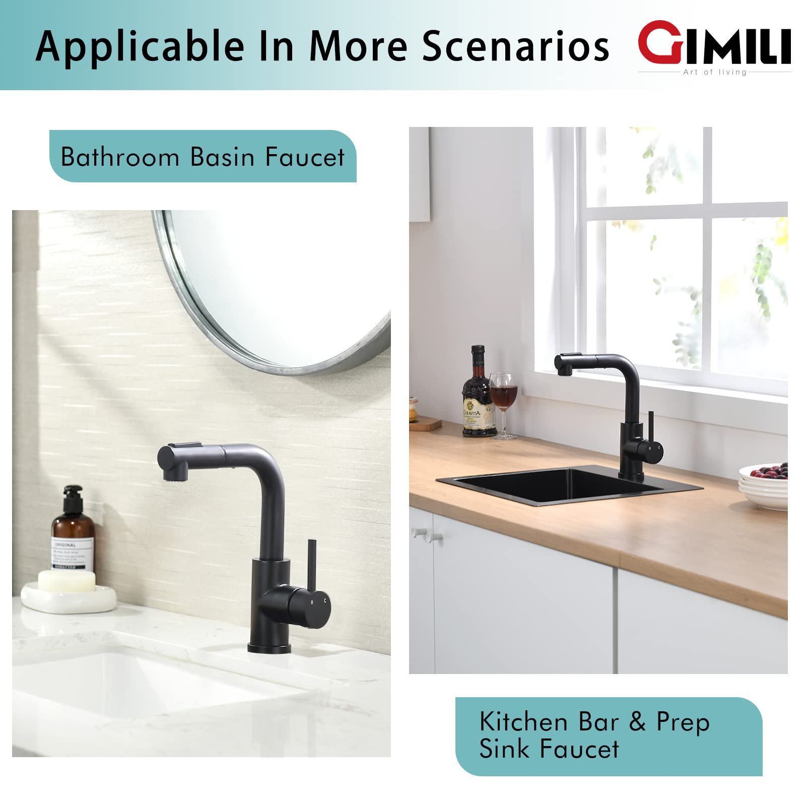 GIMILI Modern Bar Sink Faucet for Kitchen Sink Single Handle with Pull Out Sprayer Hot and Cold Prep Sink Faucet Matte Black